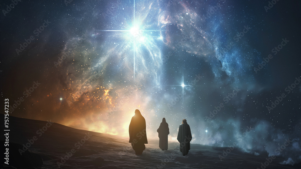The wise men following the Star of Bethlehem, depicted as a bright ...