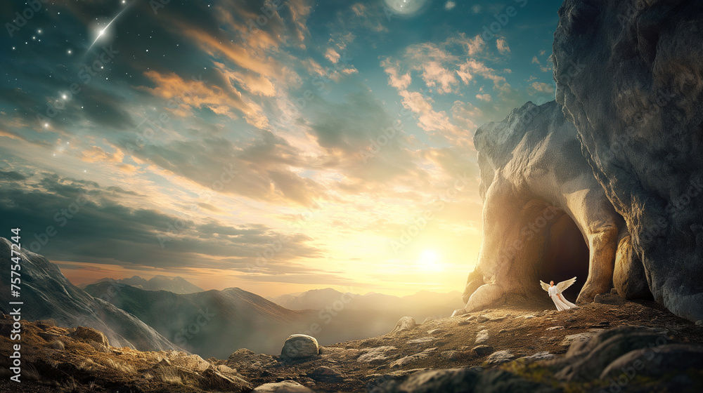 The resurrection morning with an angel moving the stone from Jesus ...