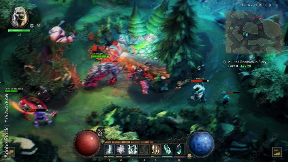 Controlling the huge monster character in the modern fantasy game level. Eliminating the enemies ...