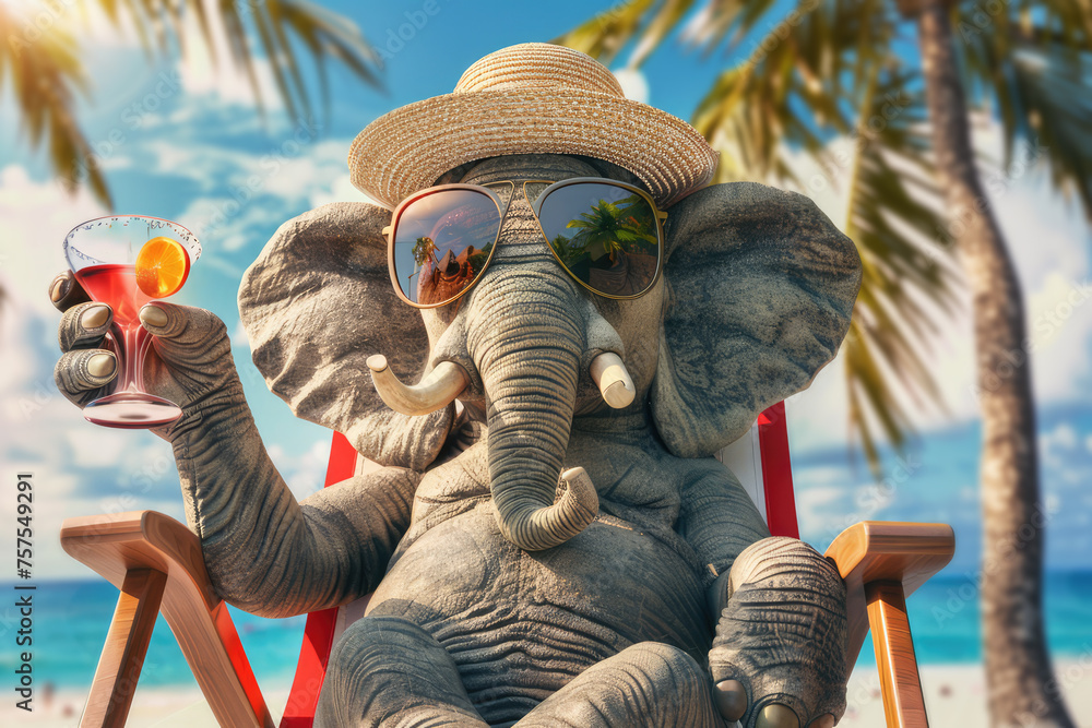 funny elephant sitting on a lounger with a cocktail at a tropical beach ...