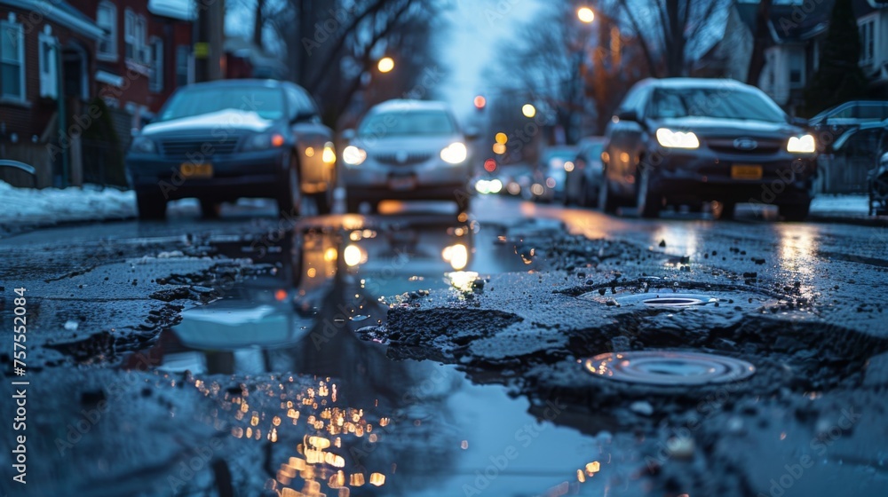 A scene depicting a line of cars slowing down to avoid multiple ...