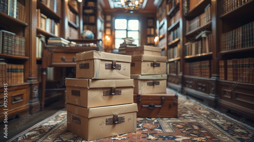 A stack of labeled boxes in a home library, with shelves waiting to be ...
