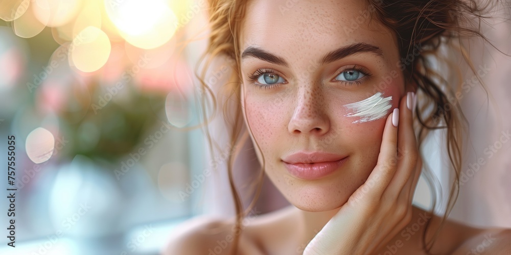 Cream on the face of a beautiful woman, model, beauty, eyes, smile ...