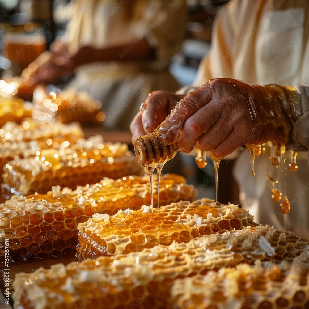 An educational image showing the process of honey extraction, with a ...