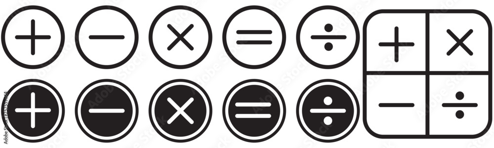 Plus, minus icon set. Calculator, math icon. Plus, minus, multiply ...