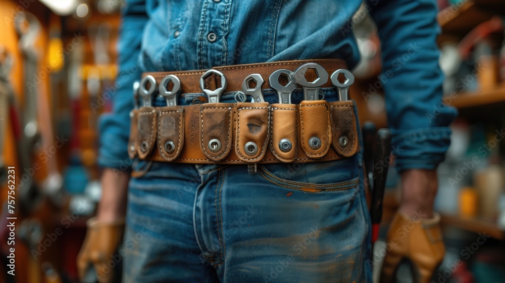 At an auto repair shop, a mechanic wears a tool belt loaded with ...