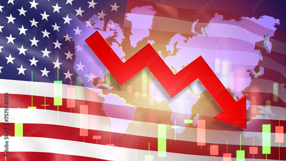Crisis in US. Falling graph near American US flag. Financial problems ...