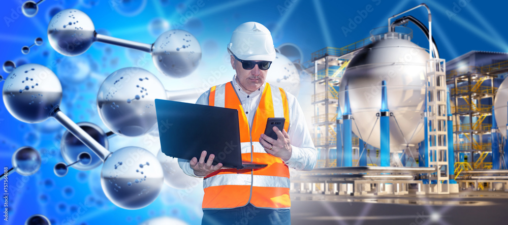 Foto de Man technologist at hydrogen power plant. Guy is engineer ...