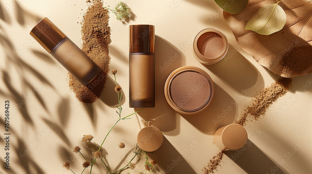 A tan, brown, and neutral-ambiance realistic photo of four cosmetics amid an organic-modern ...