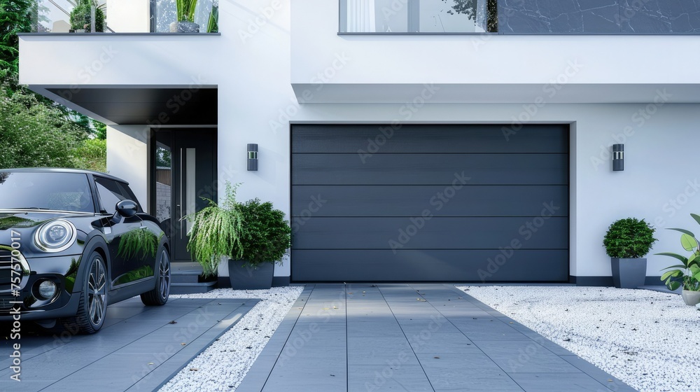 A parked car outside a modern house and garage door, the garage and ...