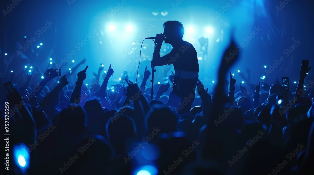 Vocalist in front of crowd on scene in stadium. Bright stage lighting ...