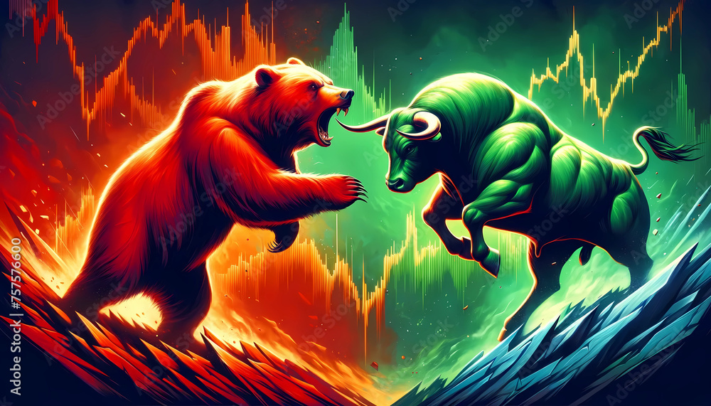 Battle between a red bear and a green bull, indicating a bull versus ...