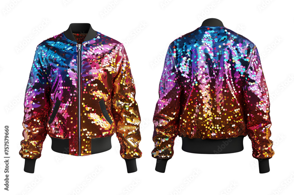 Front and back view of a multi-colored sequin bomber jacket template ...
