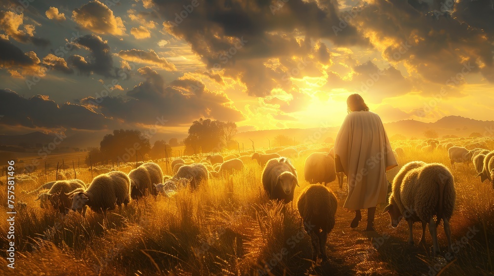 Jesus Christ flock and praying to Jehovah God and bright light sun and ...