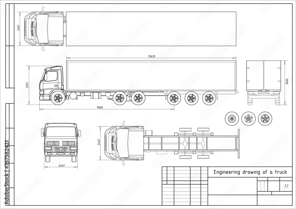 Vector engineering drawing of truck with trailer with dimensional lines ...