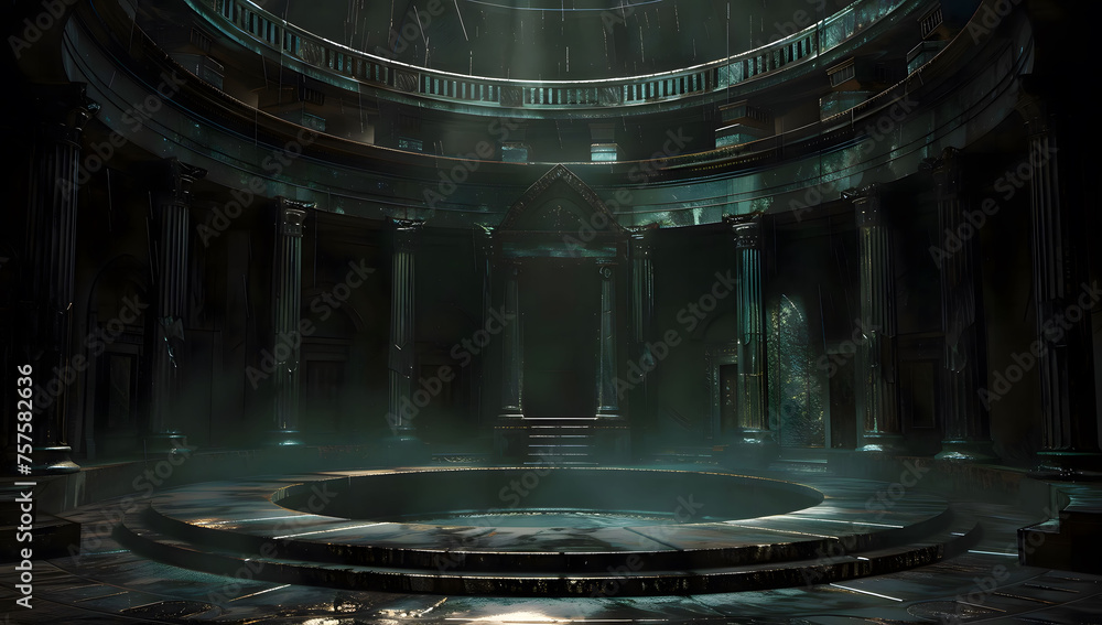 A dark circular room with columns and an empty stage, reminiscent of ...