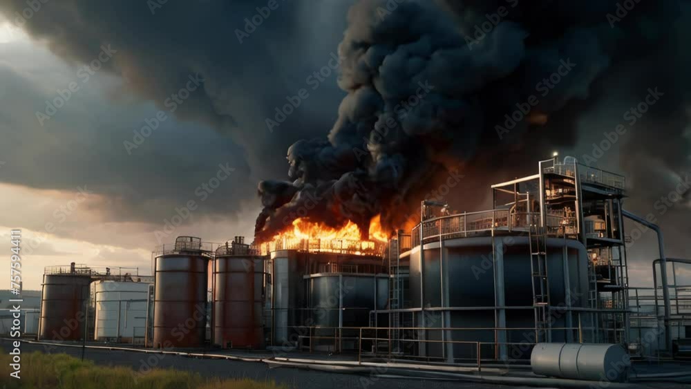 Oil storage fire. A metal industrial tank farm is on fire. Black smoke ...