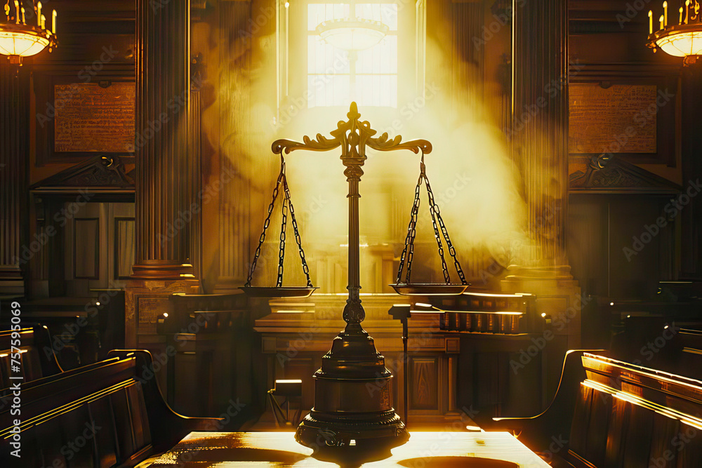 Sunlight shines through a window, illuminating the Scales of Justice in ...