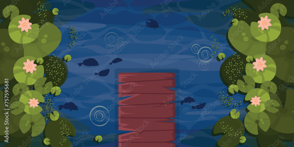 Vector illustration of a top view of the river. Cartoon scene of a ...