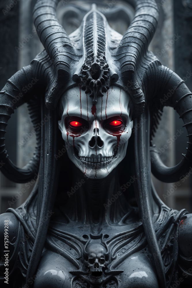 Ancient awakened temple skull priestess statue with glowing red eyes ...