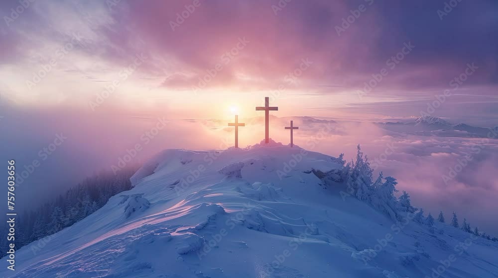 Jesus Cross on top of mountain snowy with pink morning sky little sun ...