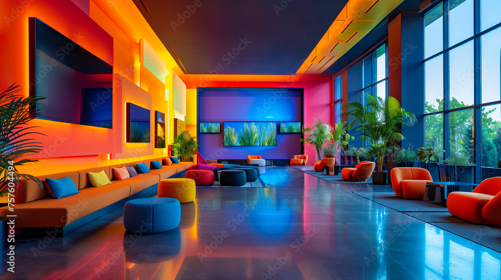 Zoom background of a modern colorful hotel lobby lounge with vibrant ...