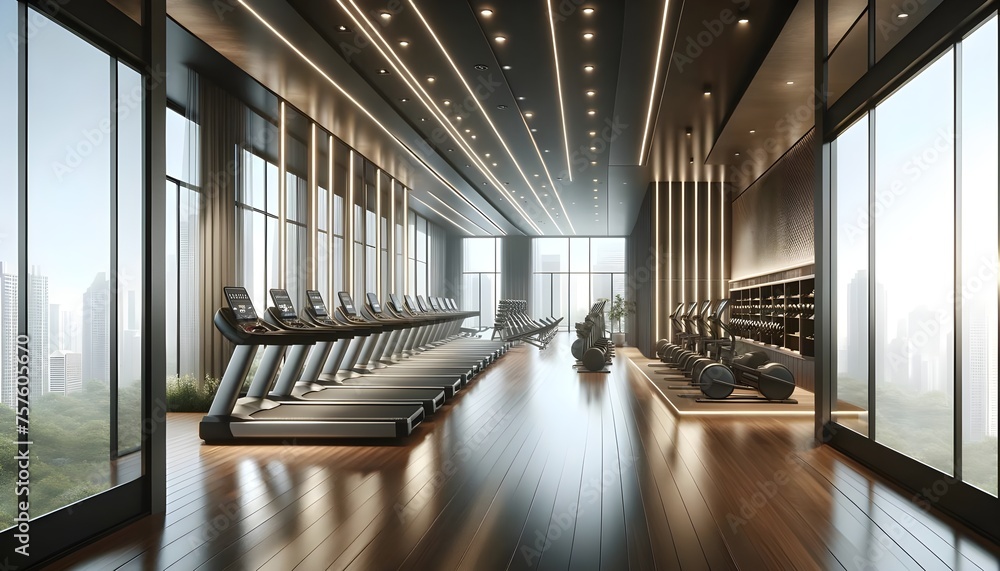 A modern, high-end gym with a row of treadmills facing large windows ...