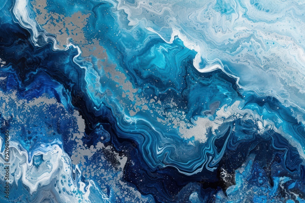 Abstract art of ocean merging fluid blue gradients with silver accents ...