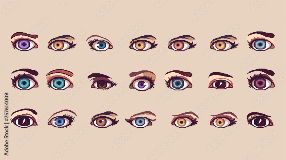Retro-style pixel eyes with a detailed iris and pupil, adding depth to ...