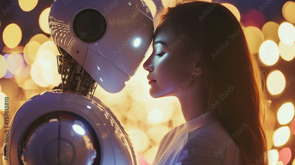 Asian woman with cyborg woman or man. AI and human love concept. Enamored girl and humanoid ...
