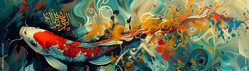 Blend the elegance of Arabic calligraphy with the vibrant colors of koi ...