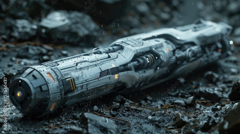 Futuristic spaceship crash-landed on alien terrain, with detailed ...