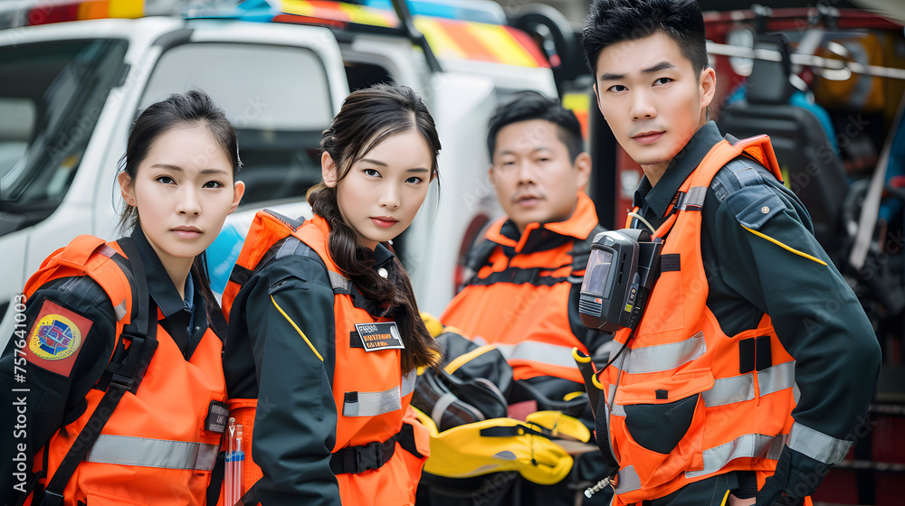 A team of Asian EMS paramedics posing for a photo after a successful ...