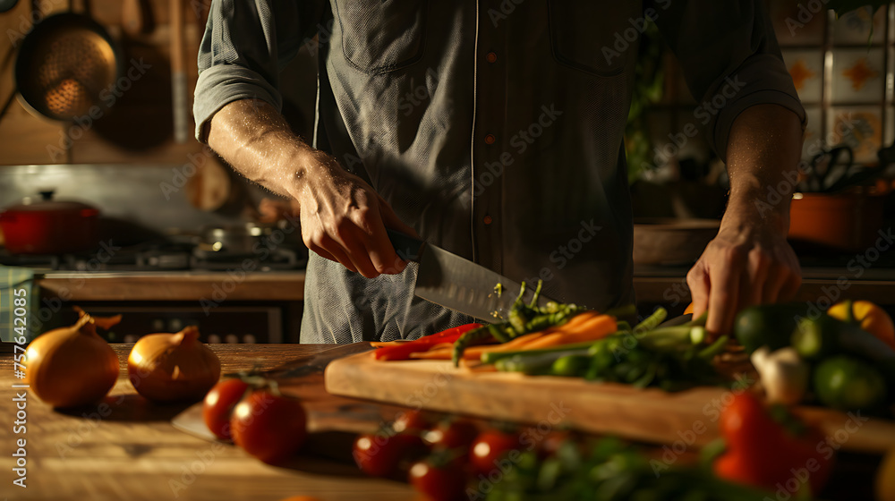 A chef stands at a wooden cutting table, deftly slicing and dicing ...