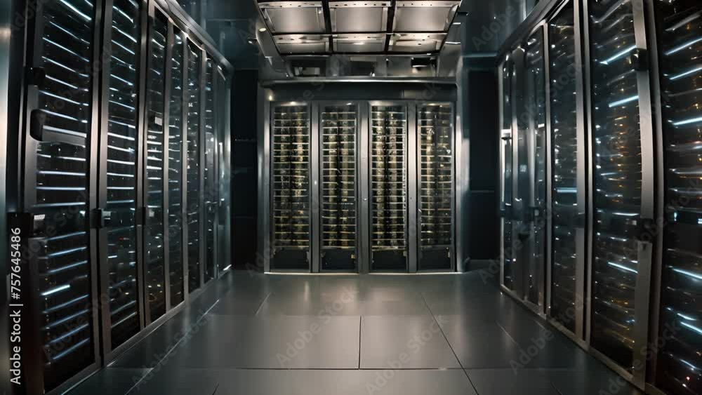 Data Center Style Numbers Raining in Server Racks. Animation Visualizing and Digitalizing ...