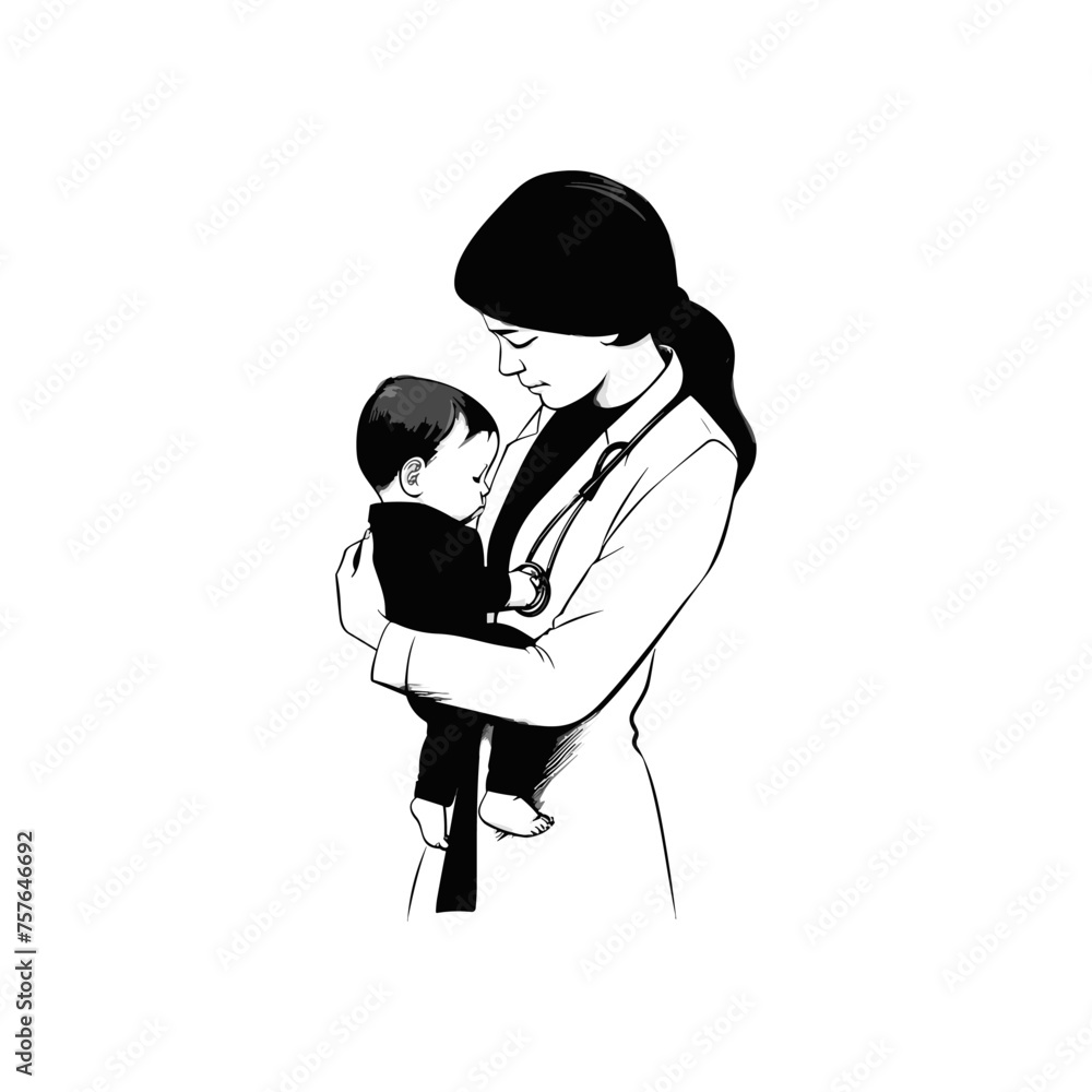 female pediatrician with baby, thin black line drawing, minimalism, on ...
