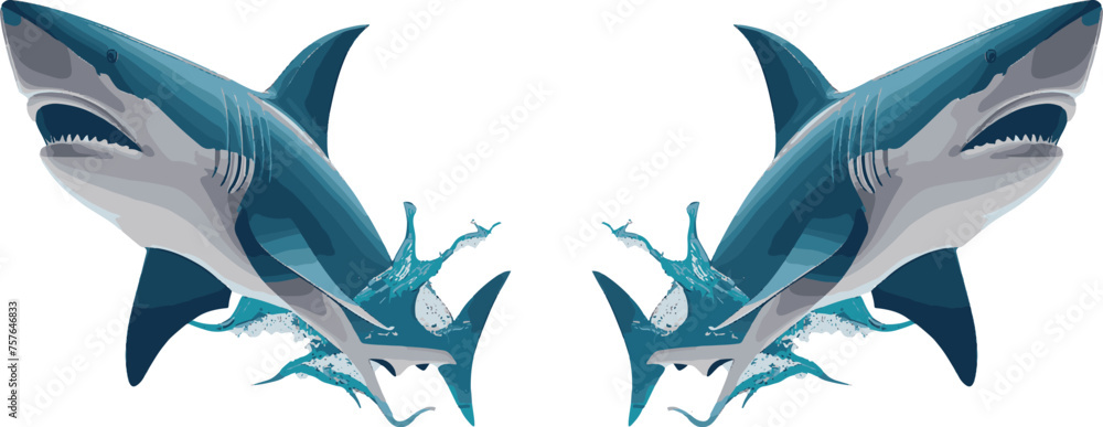 Great Shark Set Close up Shot. Ocean shark bottom view from below. Open ...