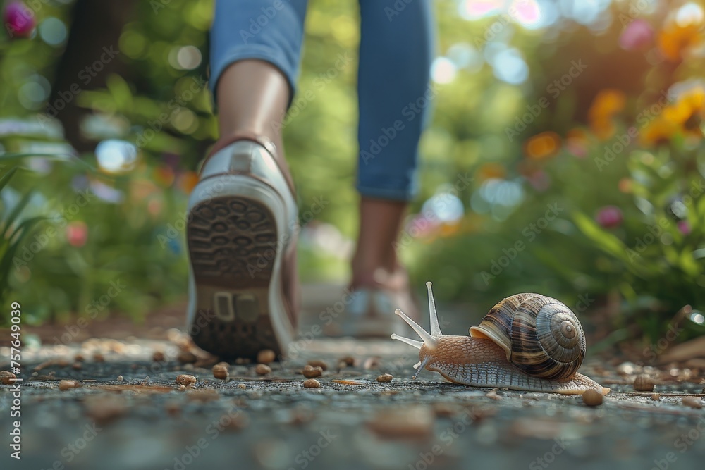 a scene from the low viewpoint of a snail in a lush, green park. A girl ...