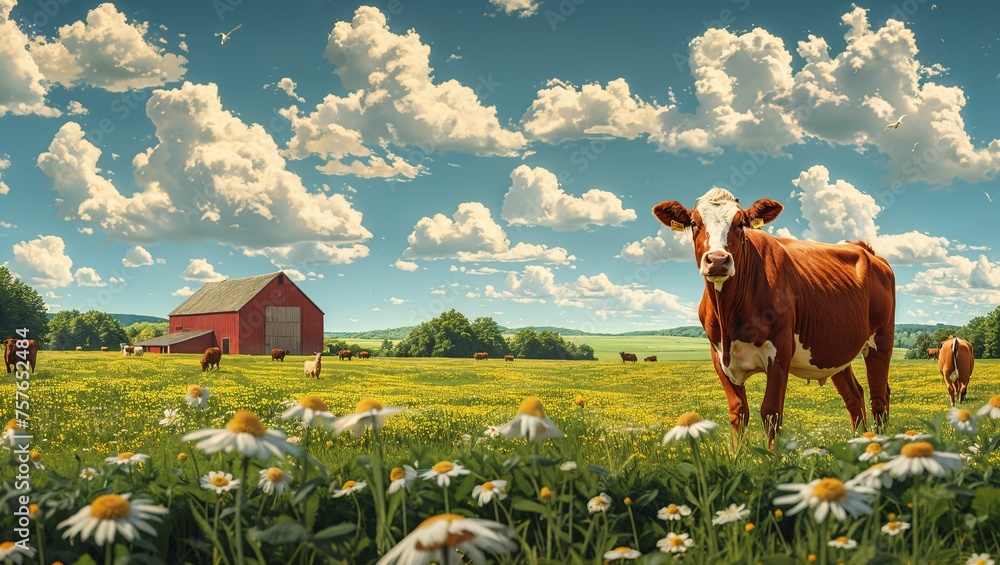 Pastoral scene of animal husbandry, free-range livestock grazing ...