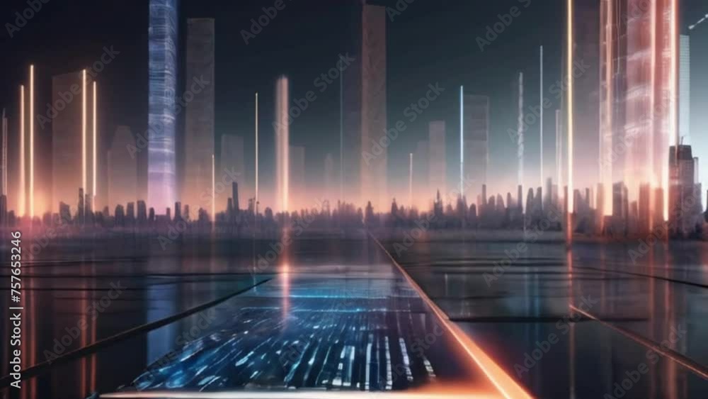 Abstract hologram 3D city rendering with futuristic matrix. Digital ...