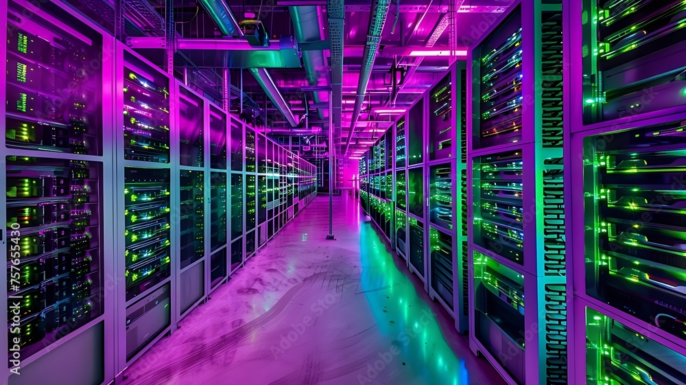 Server data centre room. server room with purple and green lights ...