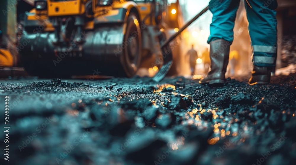 Highway construction with road builders laying asphalt gravel to create ...