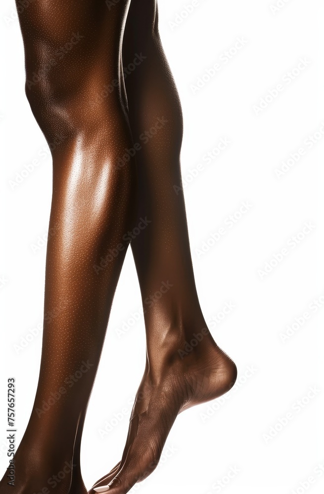 A closeup of an African American woman's smooth, shiny legs in white ...