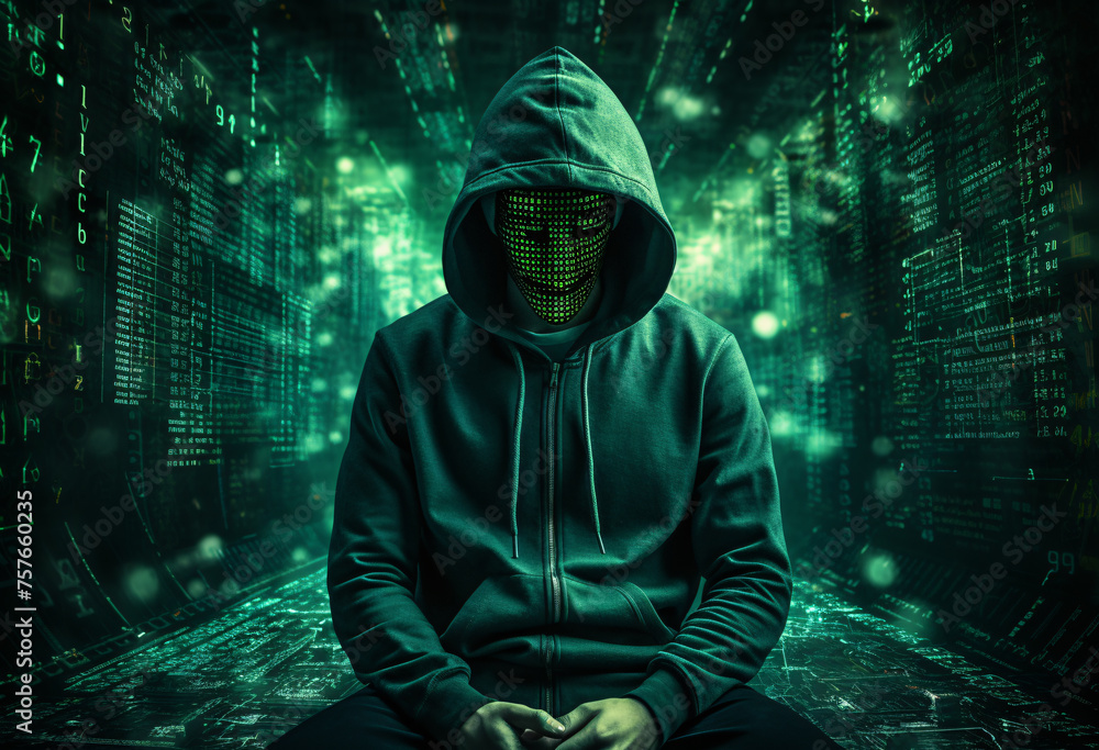 A hacker in a dark green hoodie with his face covered sitting on the ...
