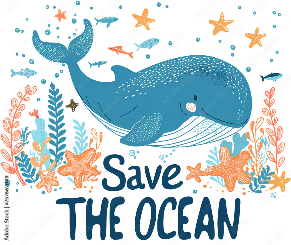 Blue whale under the sea with ecology slogan - save the ocean. Bundle ...