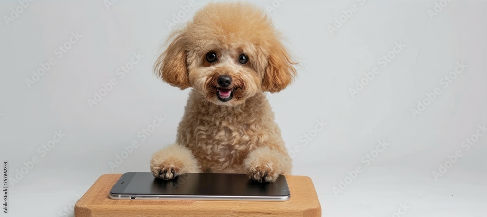 smiling poodle dog with smart phone, dog using gadget concept in white ...