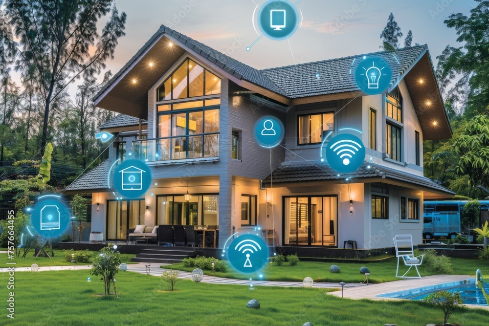 Smart home with connectivity and automation icons - Exterior of a smart ...