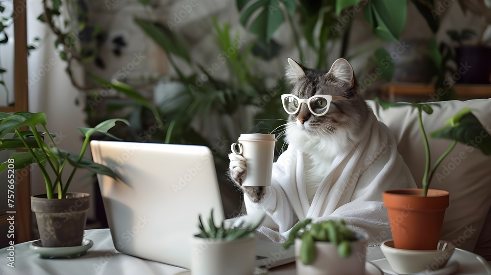 Cat using computer. Hipster kitten working on laptop at home office ...