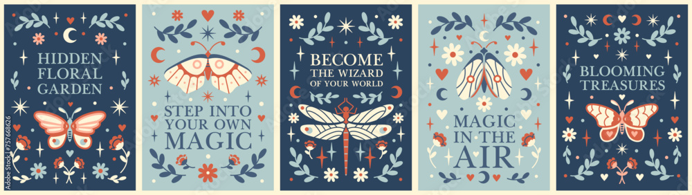 Boho vector posters with mystery insects and positive affirmations ...