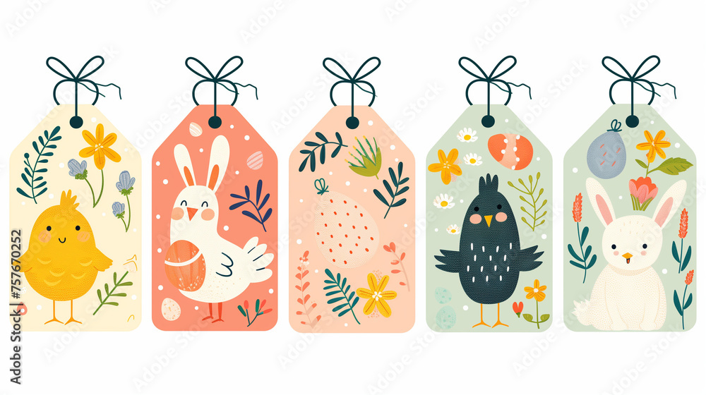 set of Easter gift tags and labels with cute cartoon characters and ...